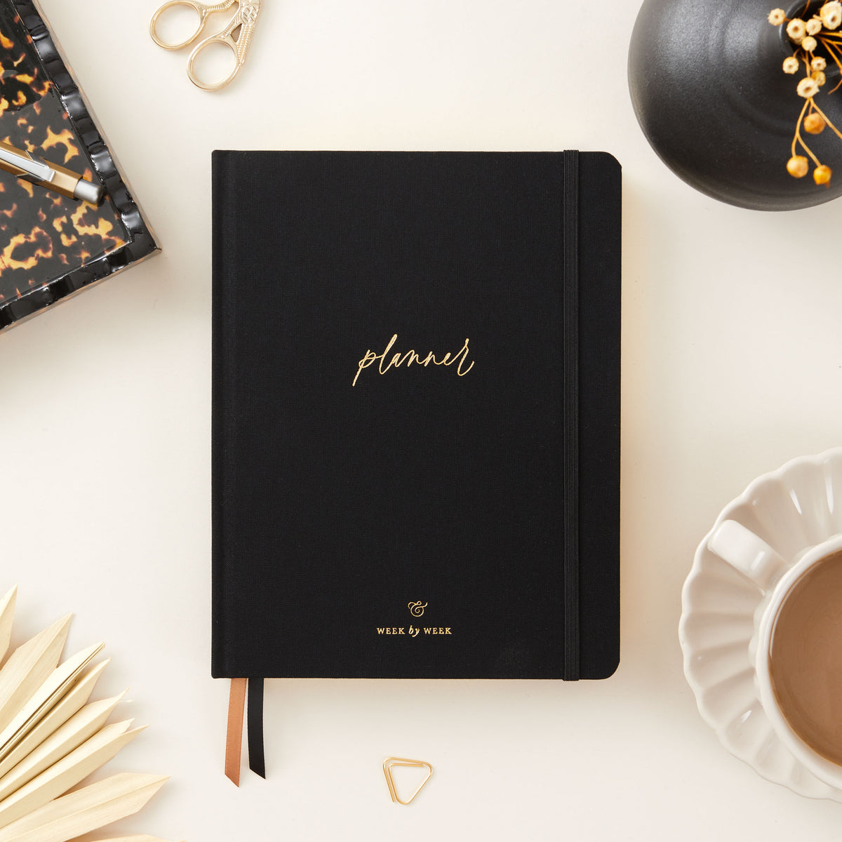 Undated Weekly Planner - Black Cloth Weekly Diary – Blush and Gold