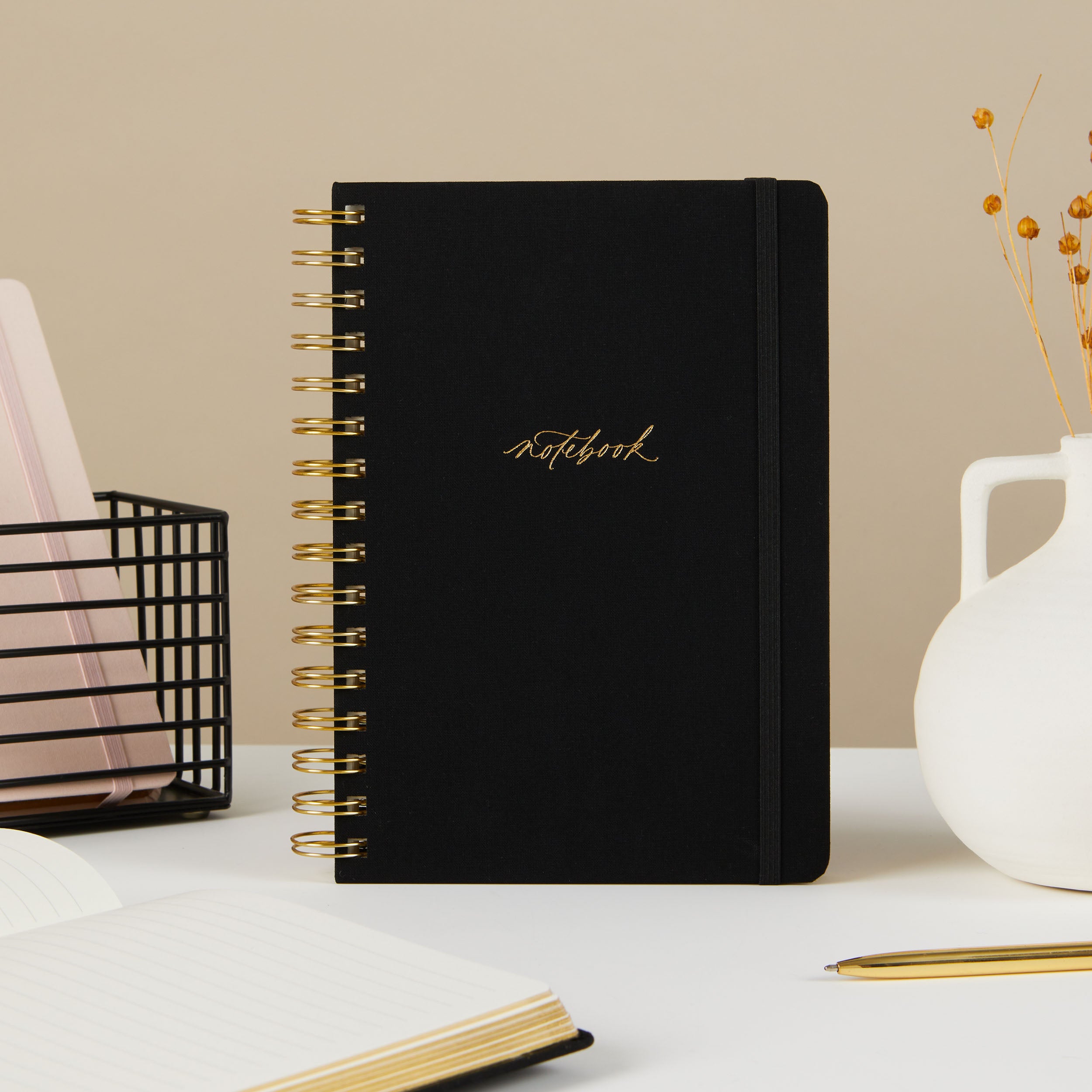 Luxury Notebook - Black Cloth Lined Pages with Spiral – Blush and Gold